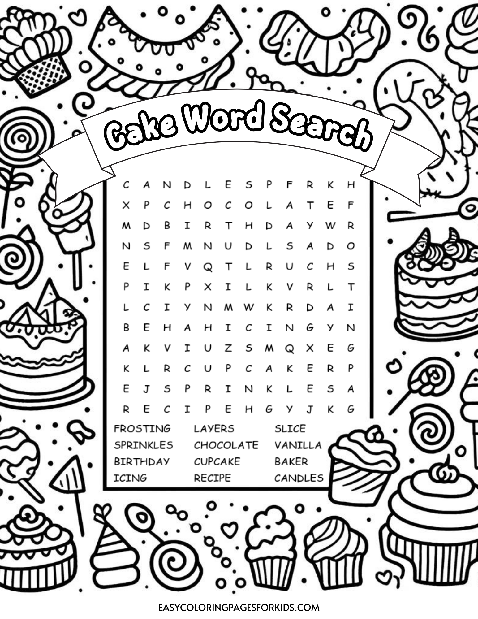 Cake Word Search Printable (Cake Word Search For Kids) - Easy Coloring ...