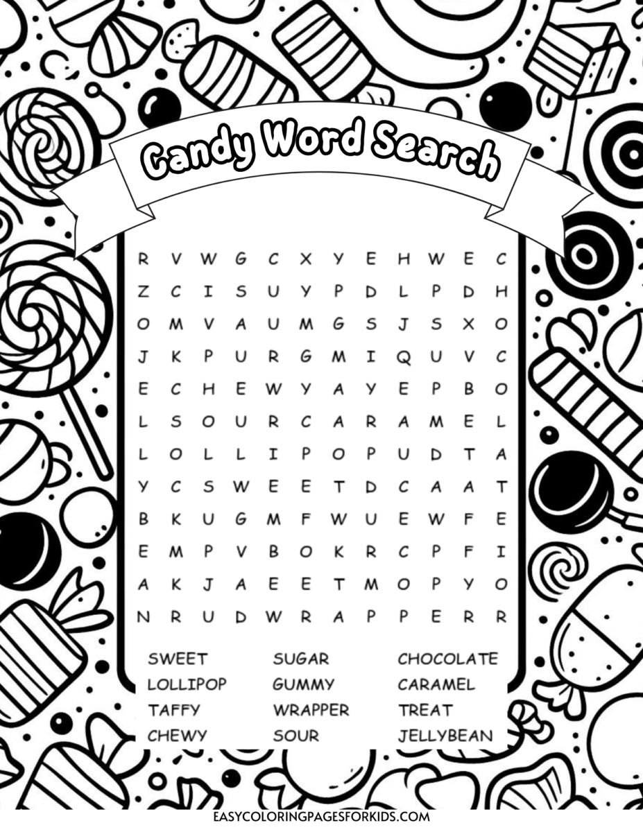 Free Printable Candy Word Search for Kids - Easy Coloring Pages for Kids