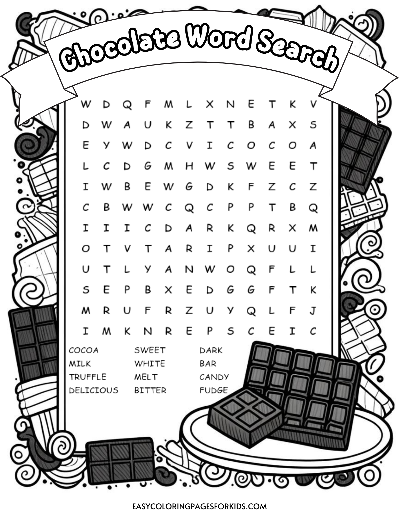 Free Printable Chocolate Word Search for Kids - Easy Coloring Pages for ...