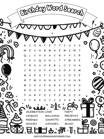 Free Printable Birthday Word Search for Kids - Easy Coloring Pages for Kids