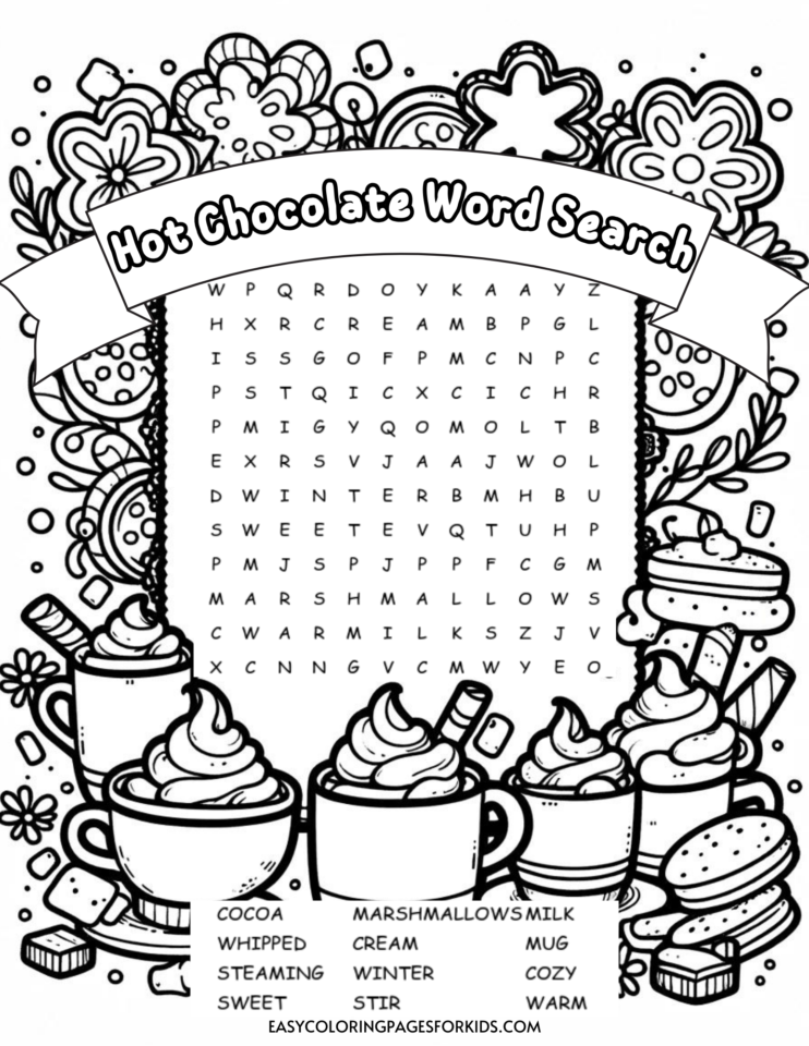 Hot Chocolate Word Search for Kids (Free Printable) - Easy Coloring ...