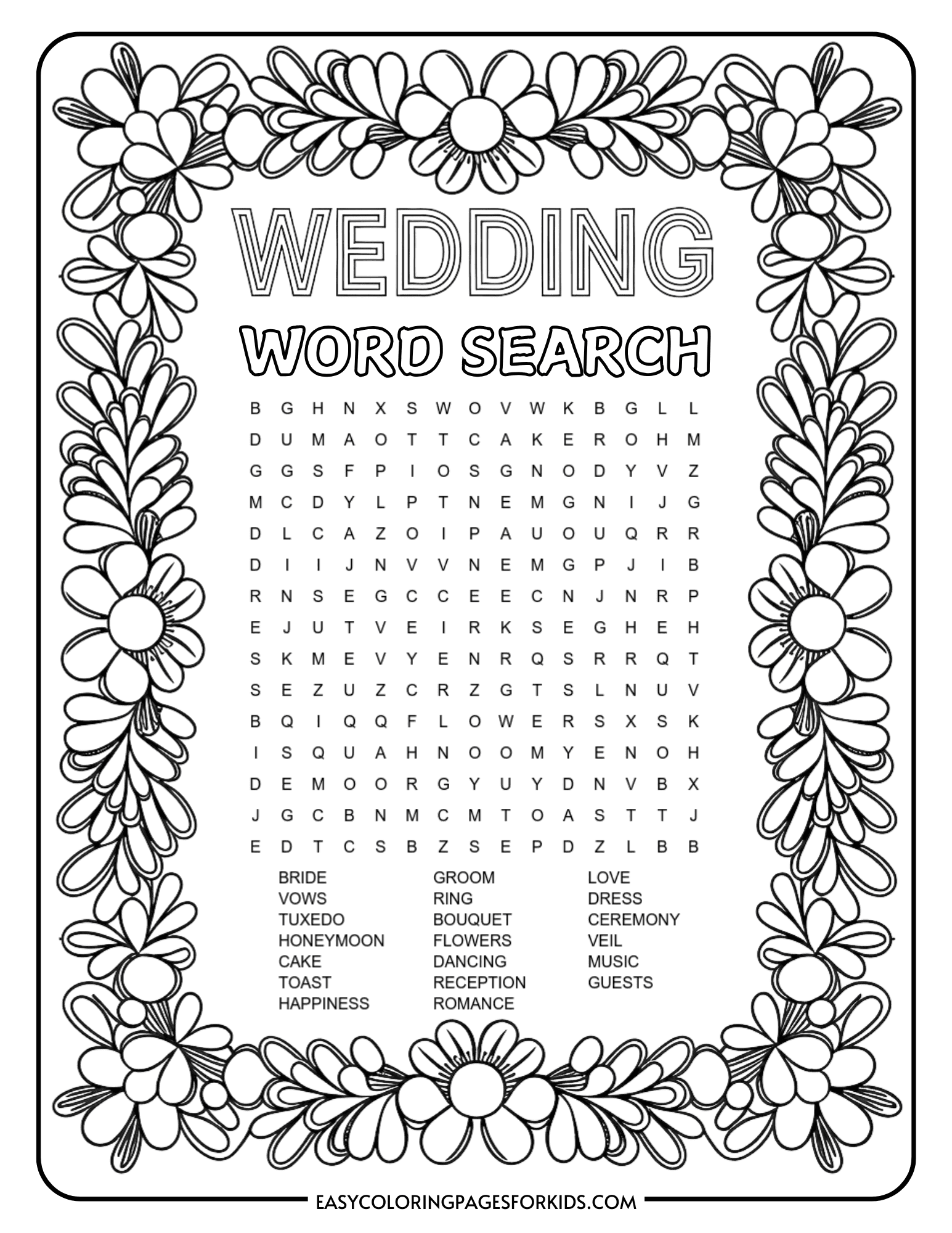 Easy Wedding Word Search (2 Free PDF Pages) - Easy Coloring Pages for Kids