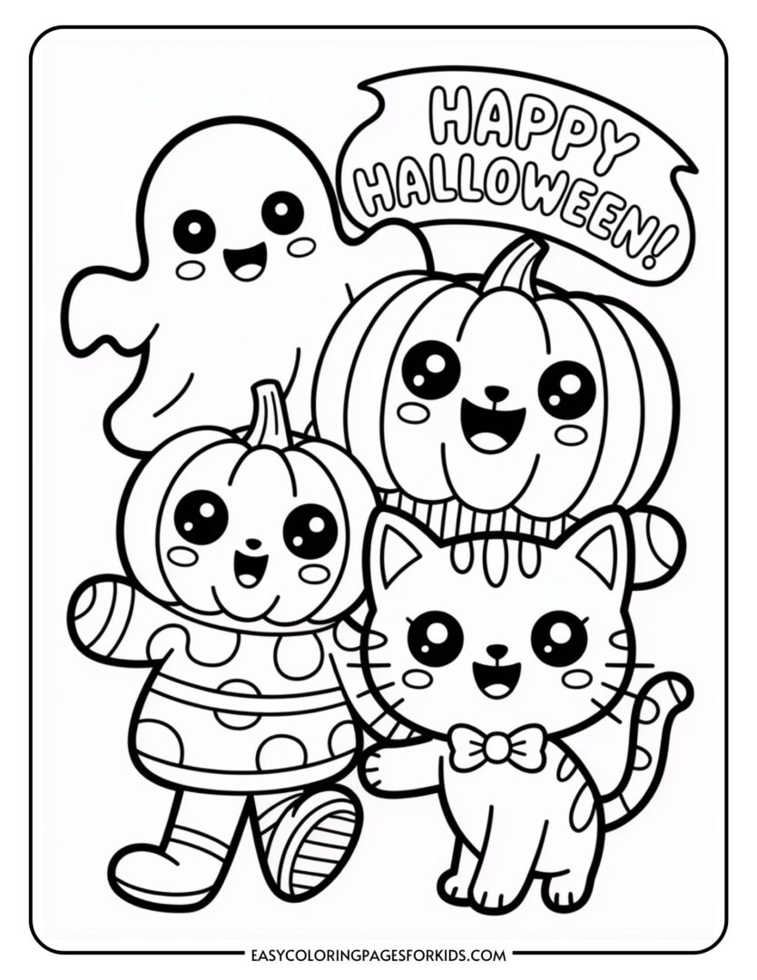 Cute Kawaii Halloween Coloring Pages For Kids (7 Pages) - Easy Coloring ...