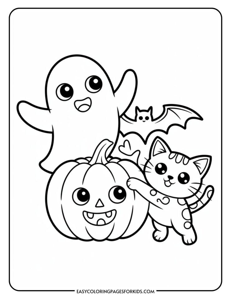 Cute Kawaii Halloween Coloring Pages For Kids (7 Pages) - Easy Coloring ...