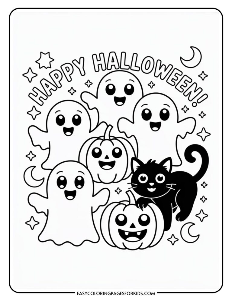 Cute Kawaii Halloween Coloring Pages For Kids (7 Pages) - Easy Coloring ...