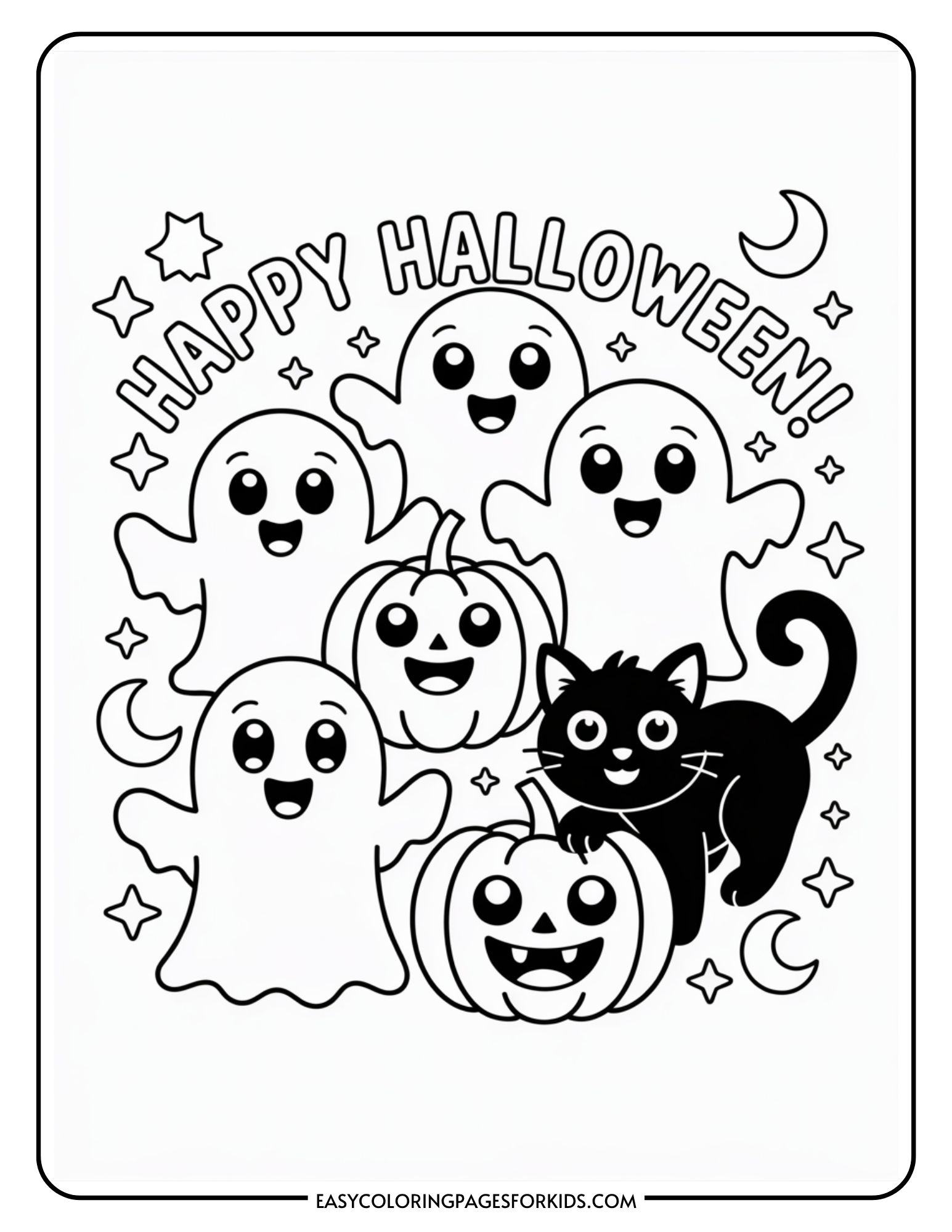 Cute Kawaii Halloween Coloring Pages For Kids (7 Pages) - Easy Coloring ...